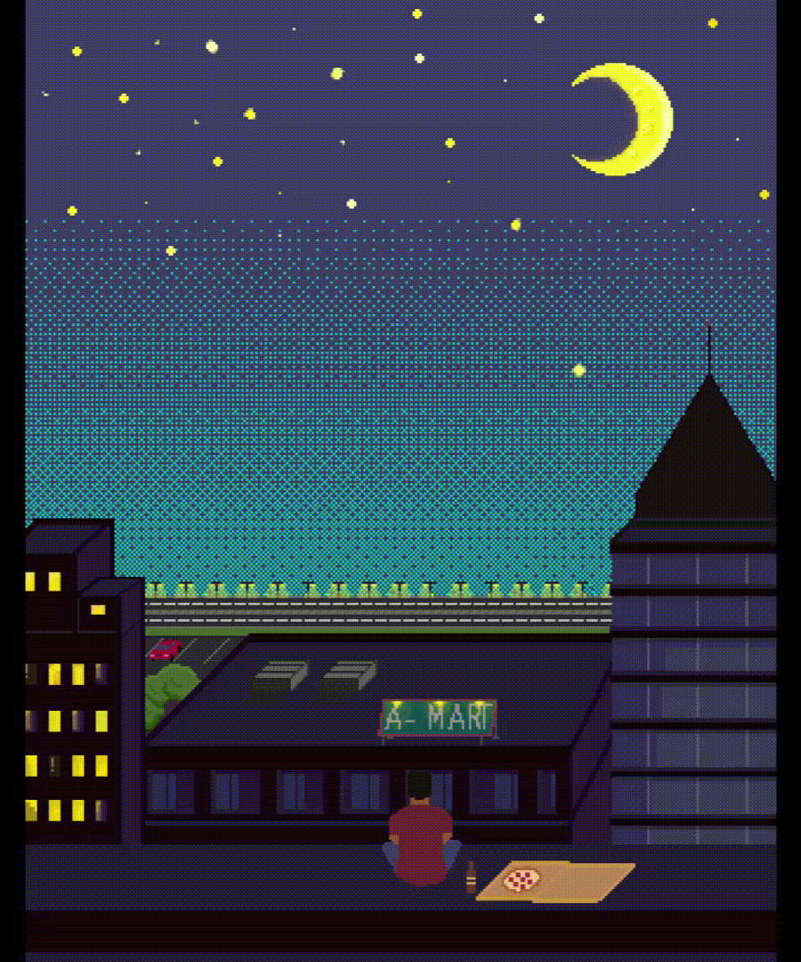 Pizza and beer on the roof at night @ PixelJoint.com